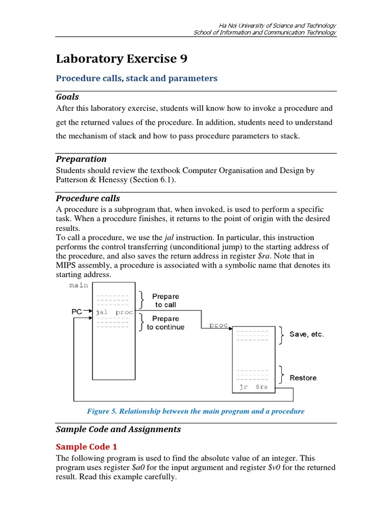 Laboratory Exercise 9: Procedure Calls, Stack and Parameters | PDF | Subroutine | Parameter ...
