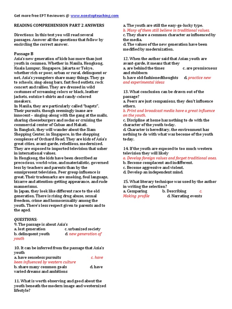 Reading Comprehension Test Part 2 Answers | PDF