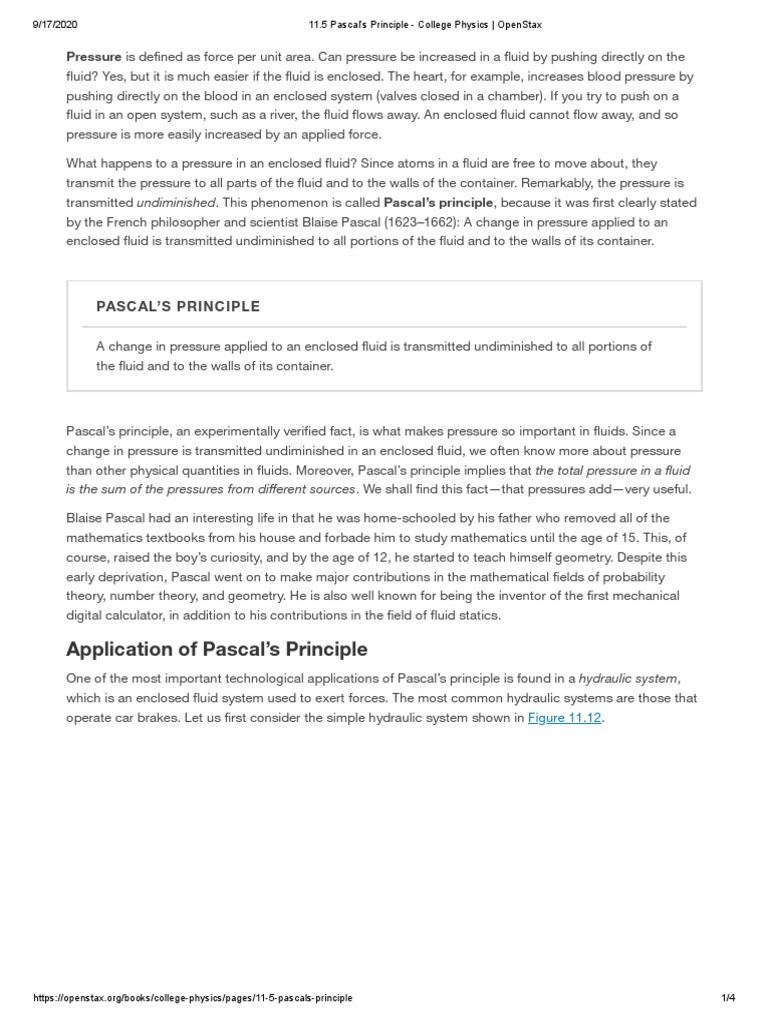 11.5 Pascal's Principle - College Physics - OpenStax | PDF | Pressure ...