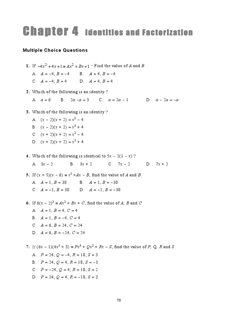 S2 CH 4 Identities and Factorization Q | PDF | Algebra | Teaching ...