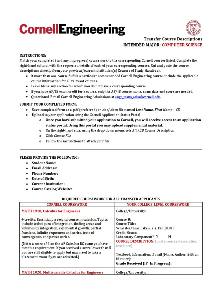 Transfer Course Descriptions Intended Major:: Computer Science | PDF ...