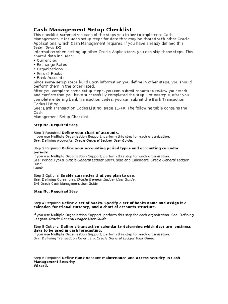 Cash Management Setup Checklist Guide | PDF | Oracle Database | Receipt