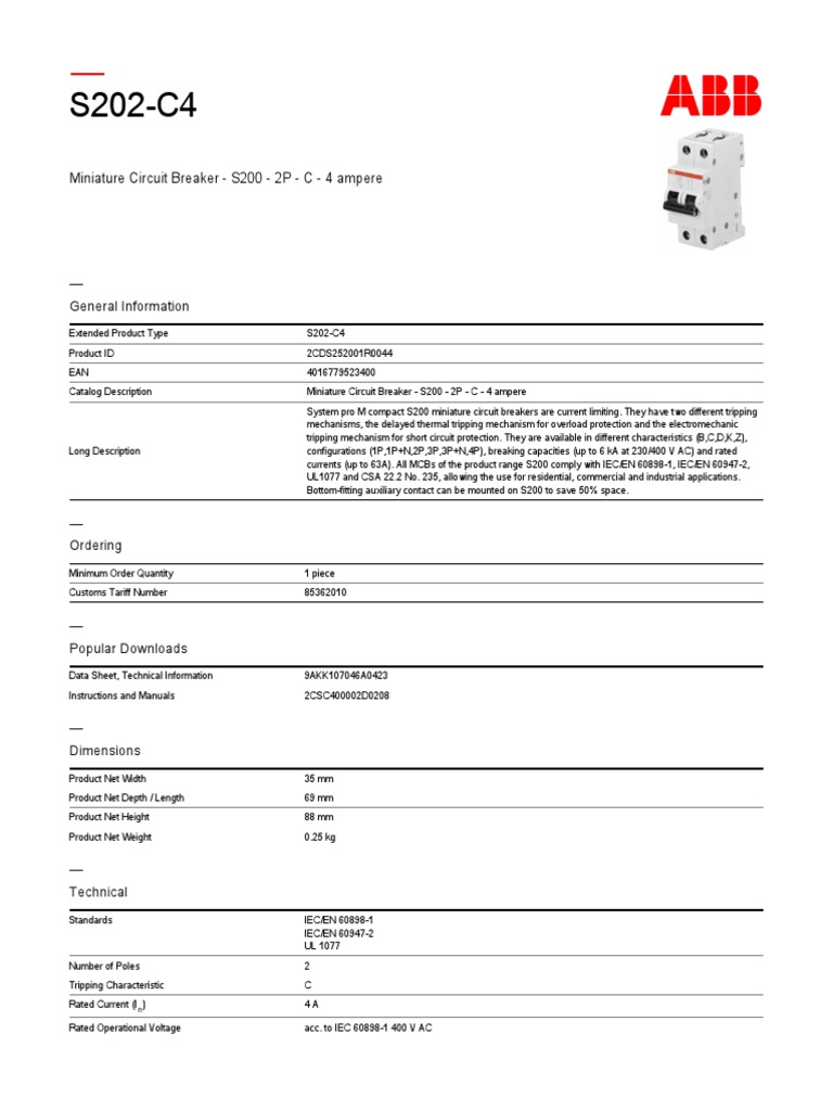 Miniature Circuit Breaker - S200 - 2P - C - 4 Ampere: General Information | PDF | Metrology ...