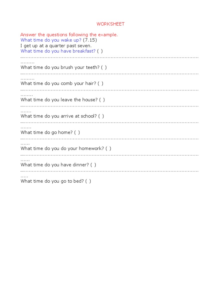 What Time Do You Wake Up? What Time Do You Have Breakfast?: Worksheet ...