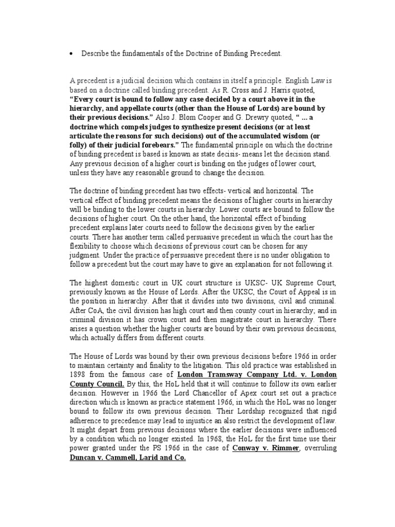 Describe The Fundamentals of The Doctrine of Binding Precedent | PDF ...