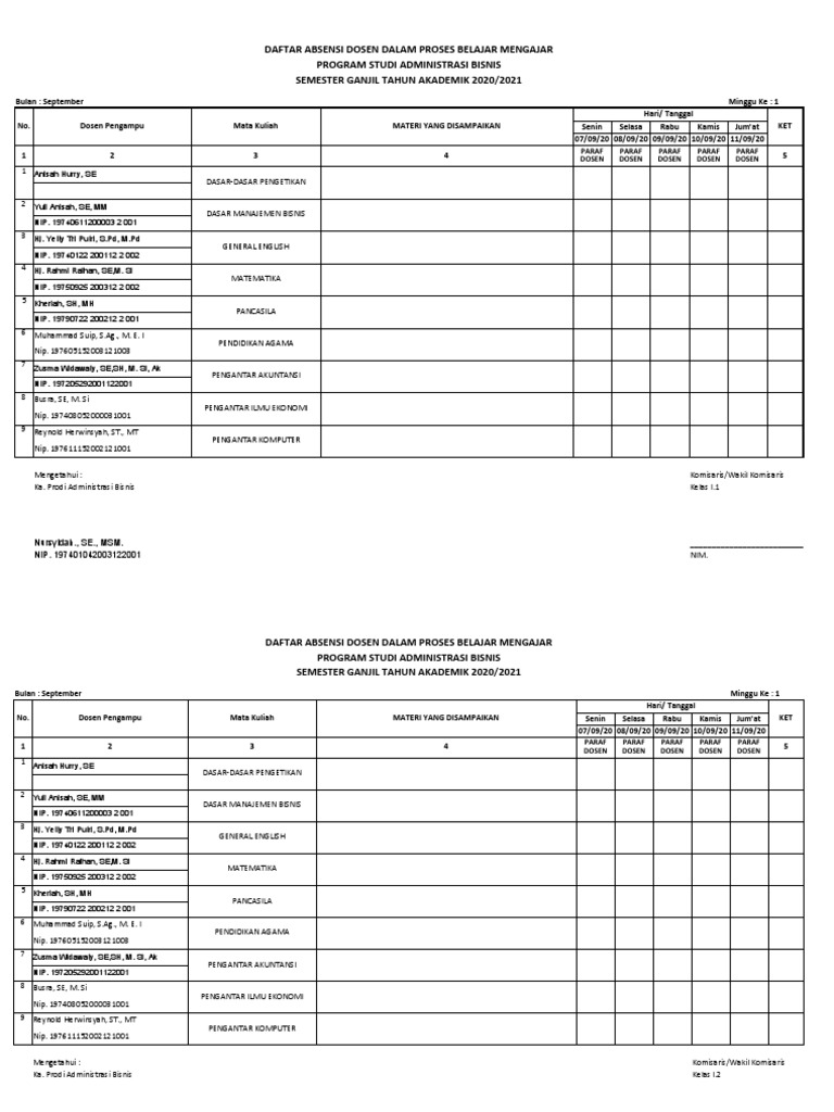 Format-Absensi-Dosen Minggu Ke 2 | PDF