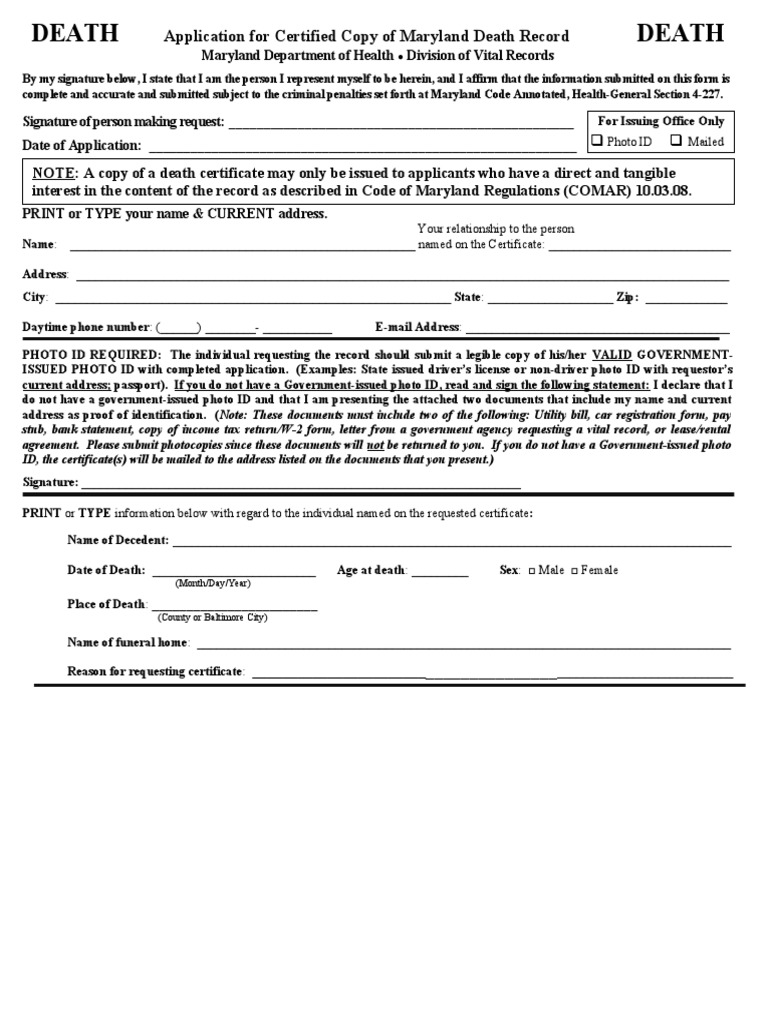 Maryland Death Certificate Application | PDF | Identity Document | Document