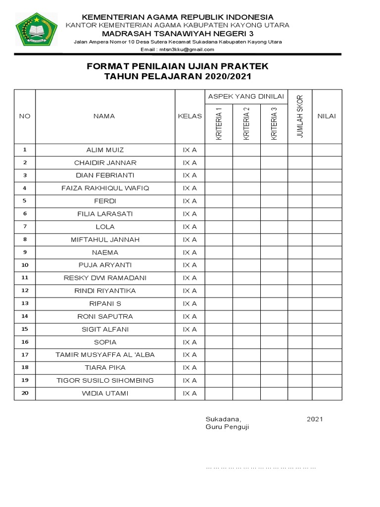 Format Nilai Ujian Praktek 2021 | PDF