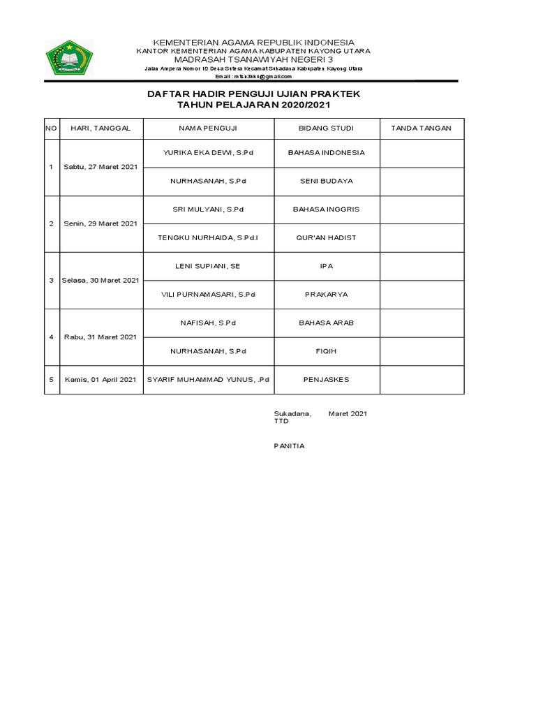 Daftar Hadir Penguji Praktek 2021 | PDF