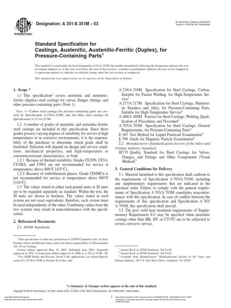 ASTM A 351 - A 351M - 03 SS Castings | PDF | Heat Treating | Steel