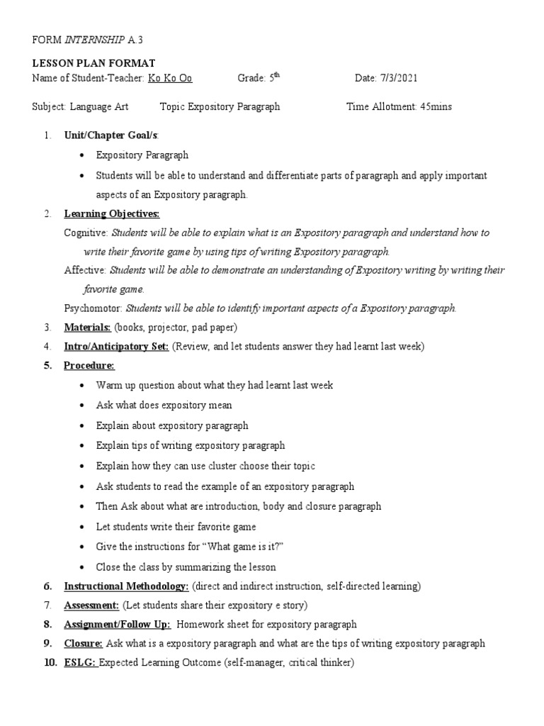 Expository Writing Lesson Plan for 5th Grade | PDF | Career & Growth ...