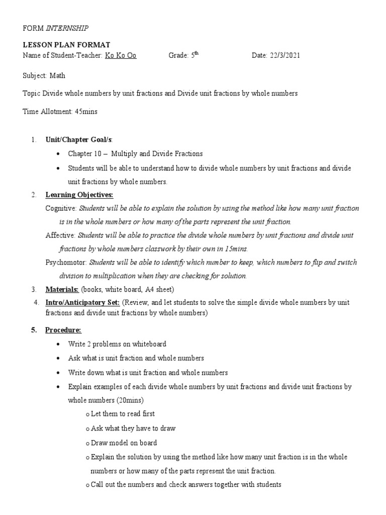 Divide Fractions Lesson Plan | PDF | Lesson Plan | Multiplication
