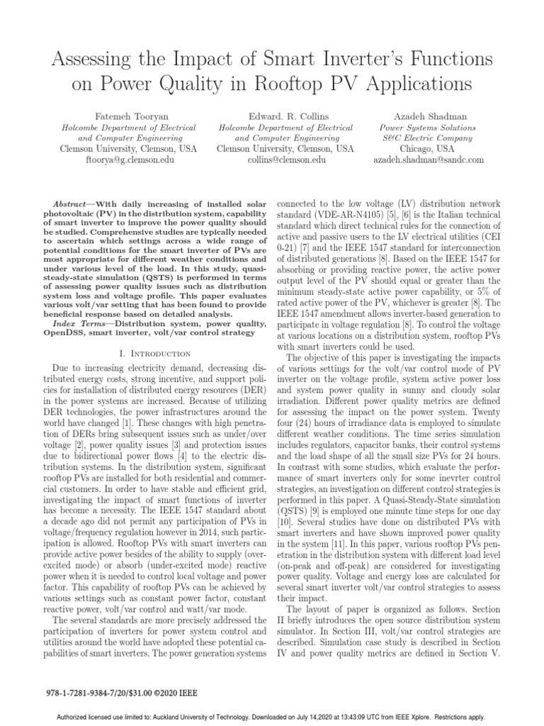 Assessing The Impact of Smart Inverter's Functions On Power Quality in Rooftop PV Applications ...