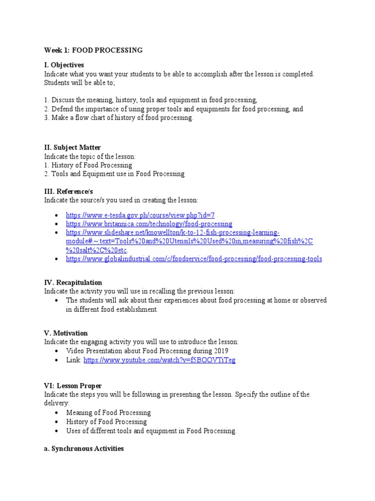 Week 1 - Food Processing SEMI-DETAILED | PDF | Pedagogy | Human Nature