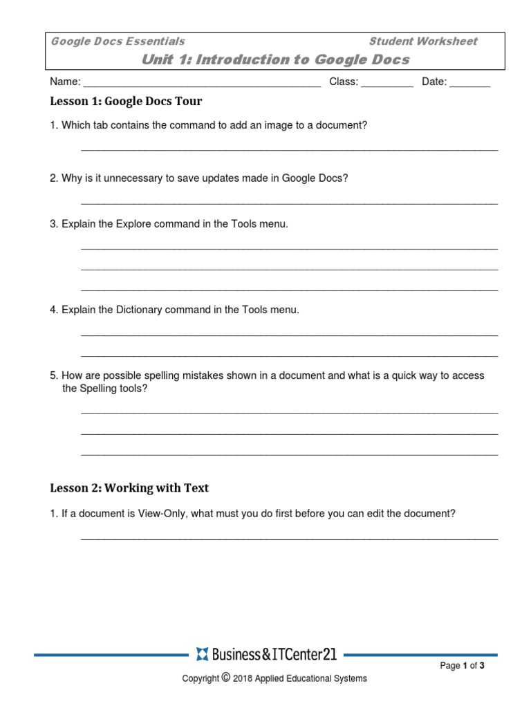 Googdocs-Ess1 Student Worksheet | PDF | Computer Keyboard | Writing