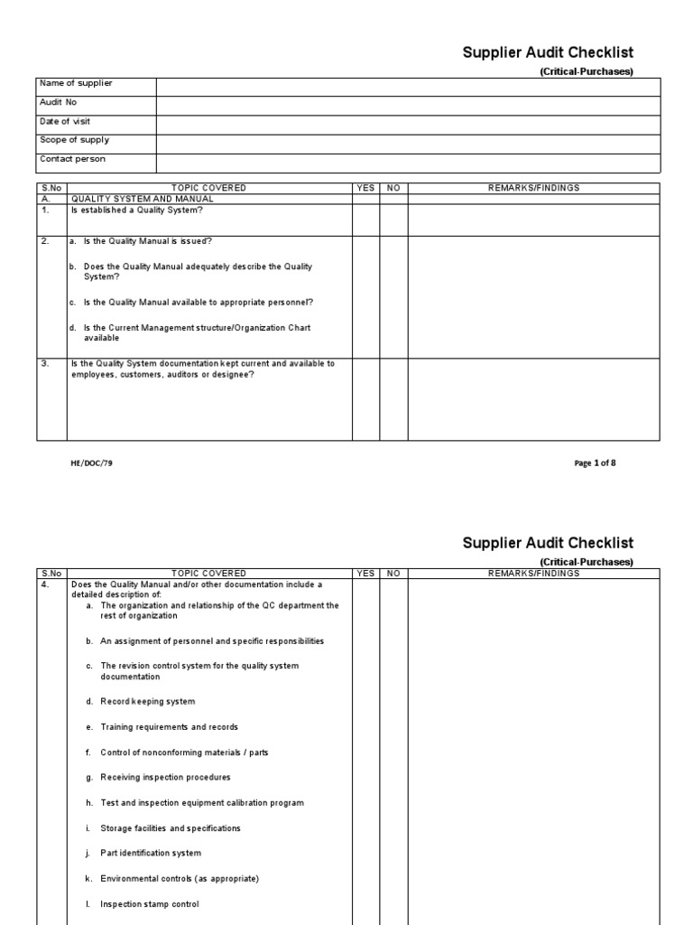 Supplier Audit Checklist Overview | PDF | Audit | Calibration
