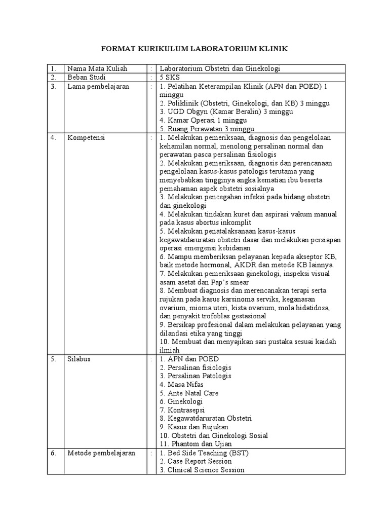 Format Kurikulum Laboratorium Klinikk | PDF | Sains & Matematika