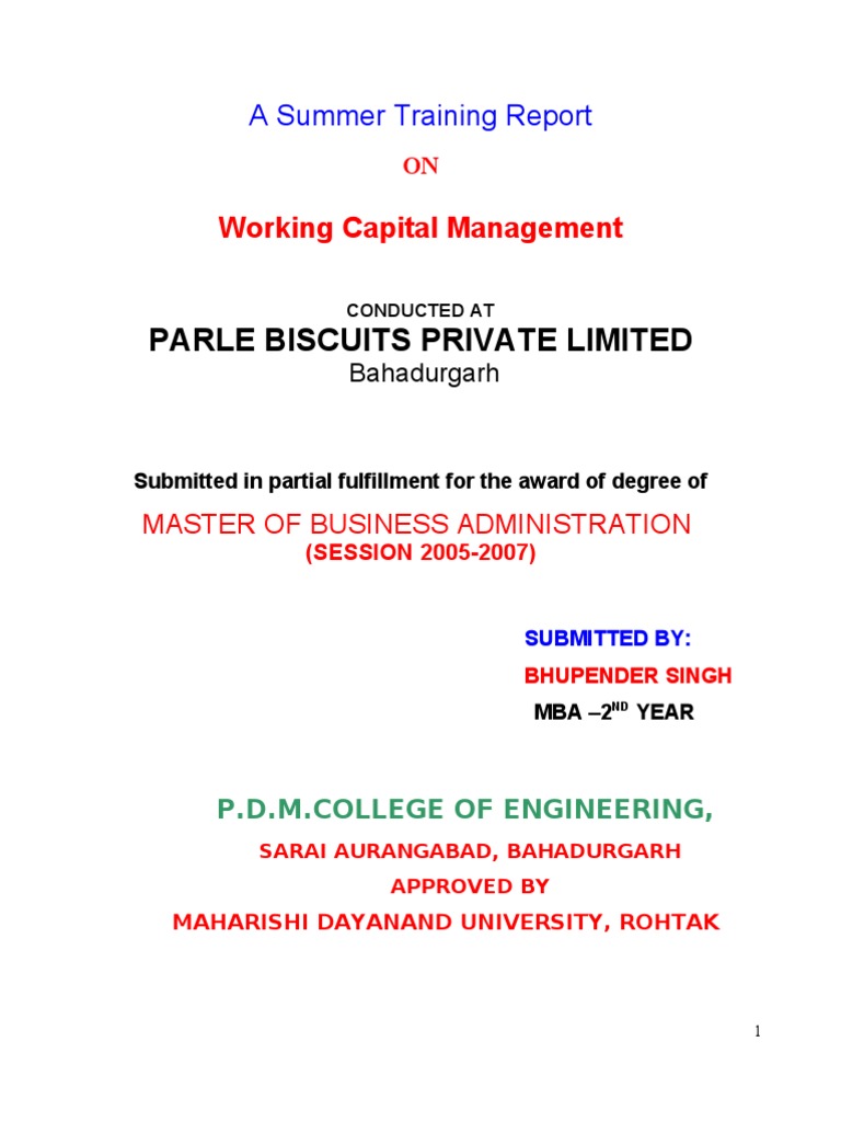 Finance Project MBA | Working Capital | Credit