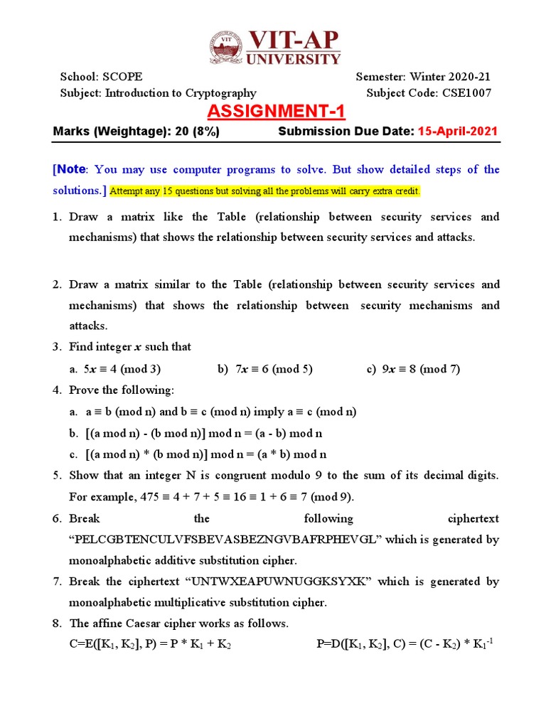 Assignment-1: Marks (Weightage) : 20 (8%) Submission Due Date | PDF | Cipher | Cryptography