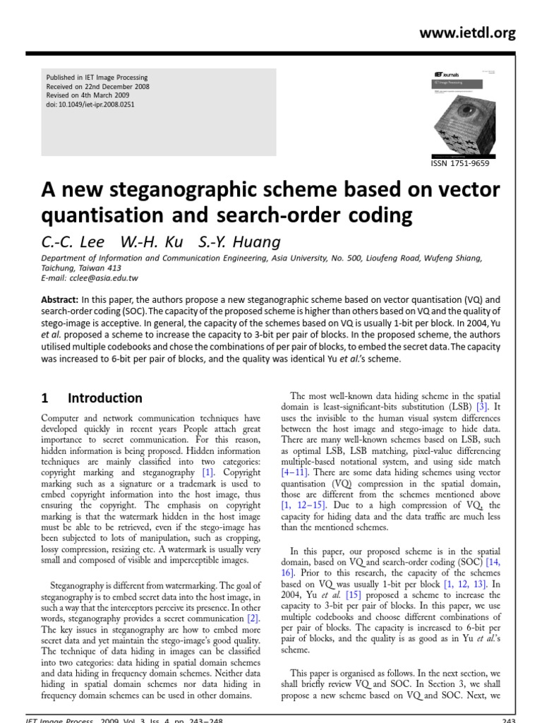 A New Steganographic Scheme Based On Vector Quantisation and Search-Order Coding | PDF | Data ...
