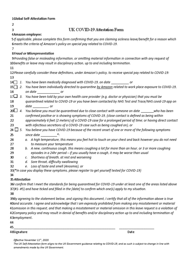 UK COVID-19 Self-Attestation Form | PDF | Diseases And Disorders ...
