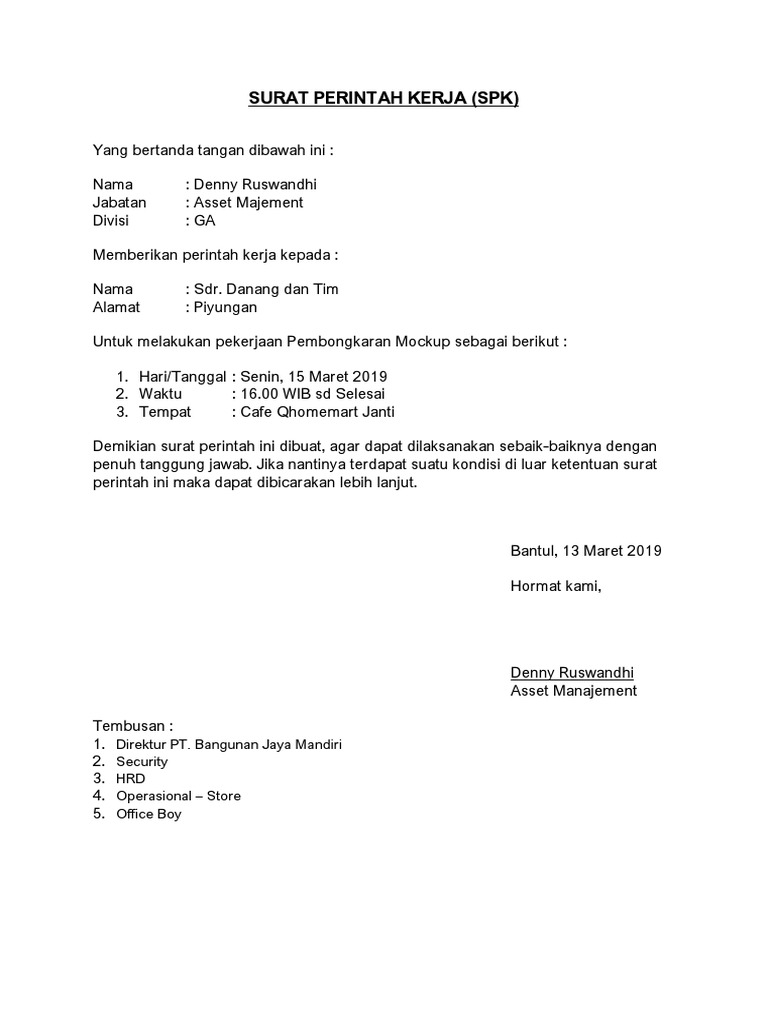 Contoh Surat Perintah Kerja SPK | PDF