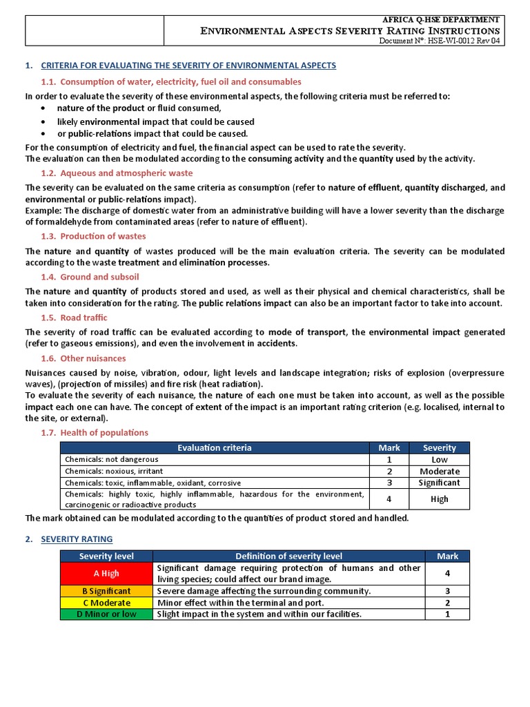 Environmental Aspects Severity Rating Instructions | PDF | Toxicity | Waste