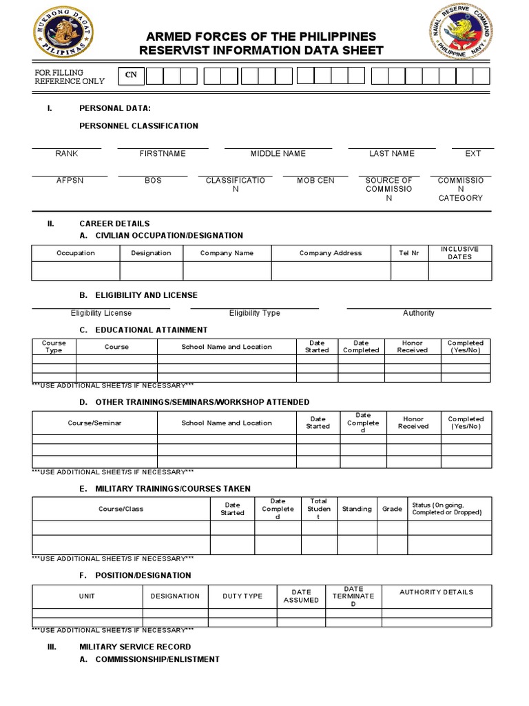 Armed Forces of The Philippines Reservist Information Data Sheet | PDF | Government | Military