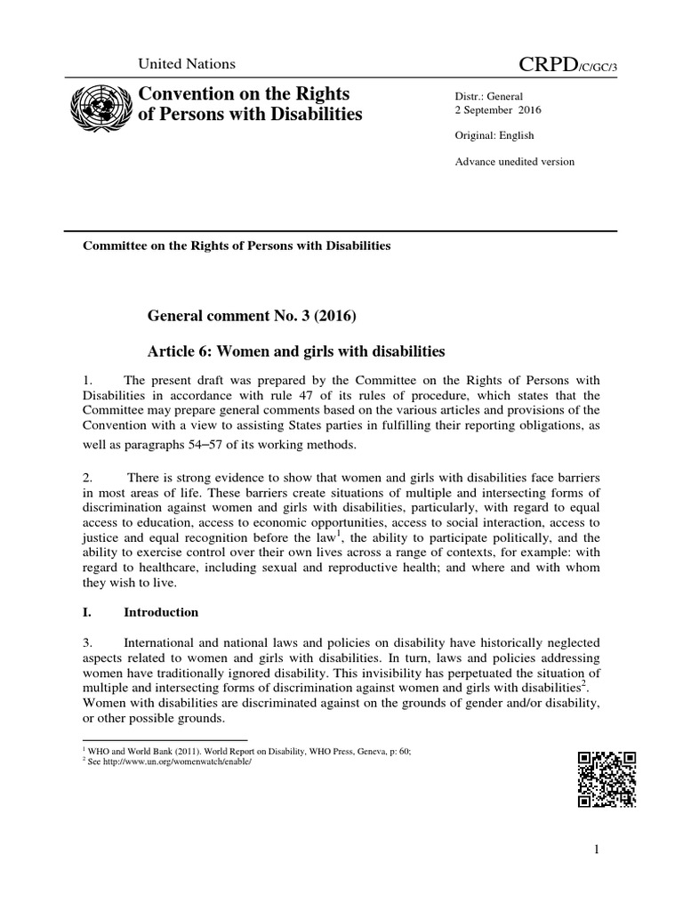CRPD, General Comment No. 3 On Women and Girls With Disabilities (2016 ...