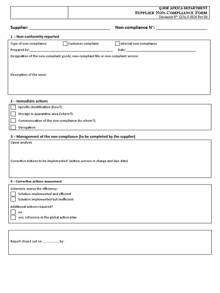 Supplier Non-Conformity Form | PDF | Finance & Money Management