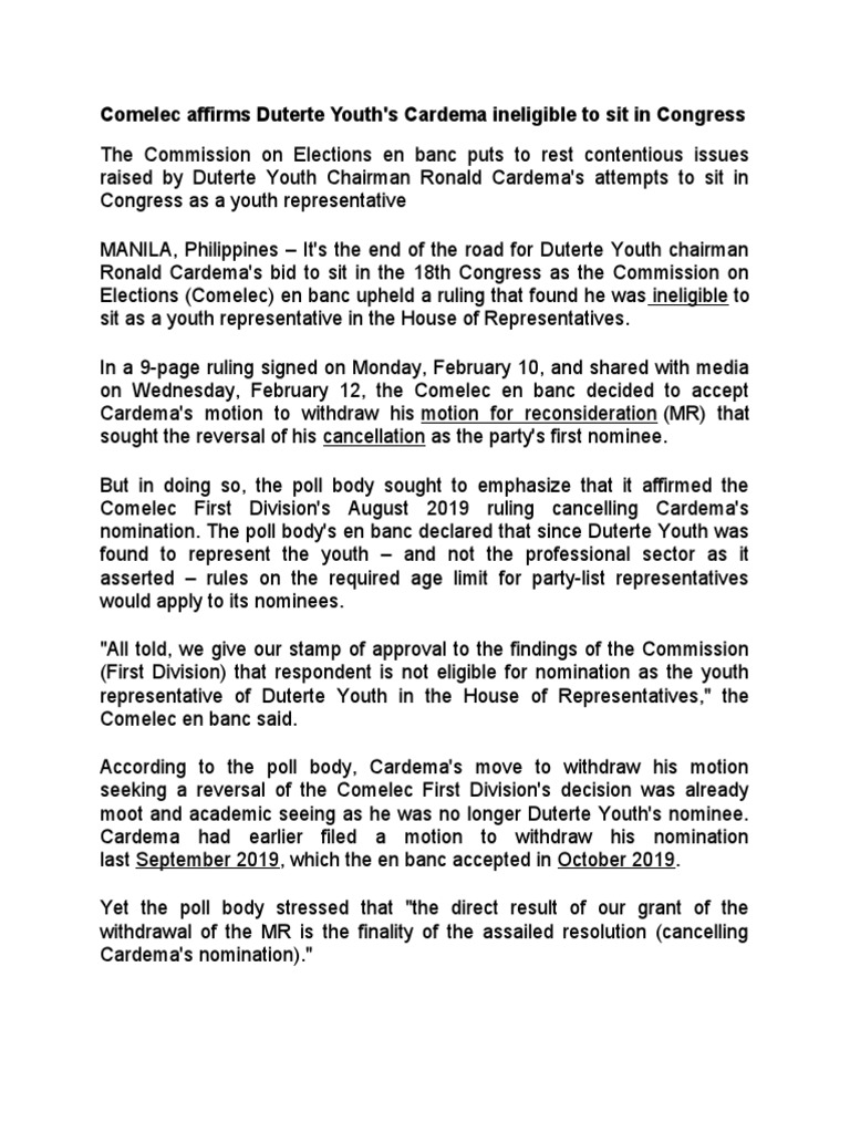 Comelec Affirms Duterte Youth's Cardema Ineligible To Sit in Congress ...