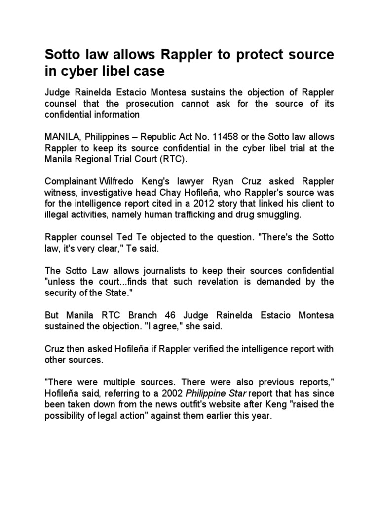 Sotto Law Allows Rappler To Protect Source in Cyber Libel Case | PDF ...