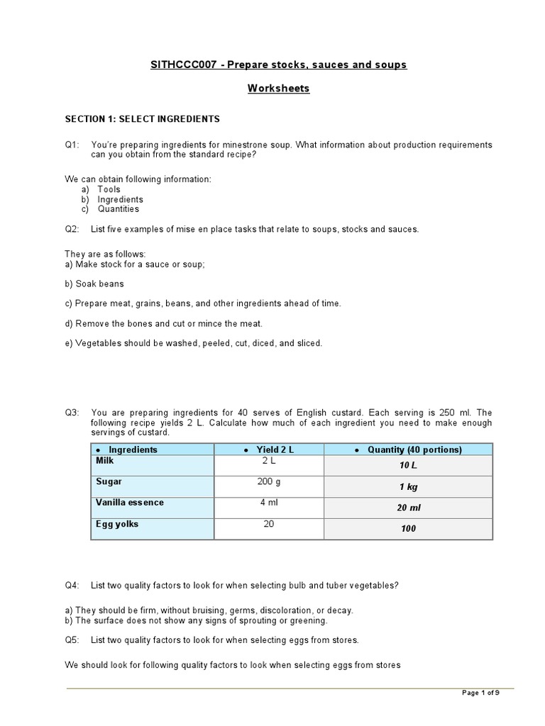 SITHCCC007 - Prepare Stocks, Sauces and Soups Worksheets: Section 1 ...
