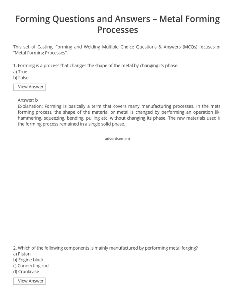Metal Forming Processes Questions and Answers - Sanfoundry | PDF ...