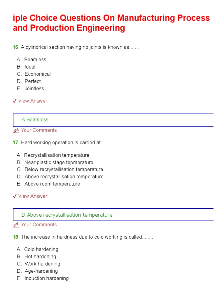 Multiple Choice Questions (MCQ) On Manufacturing Process - W | PDF