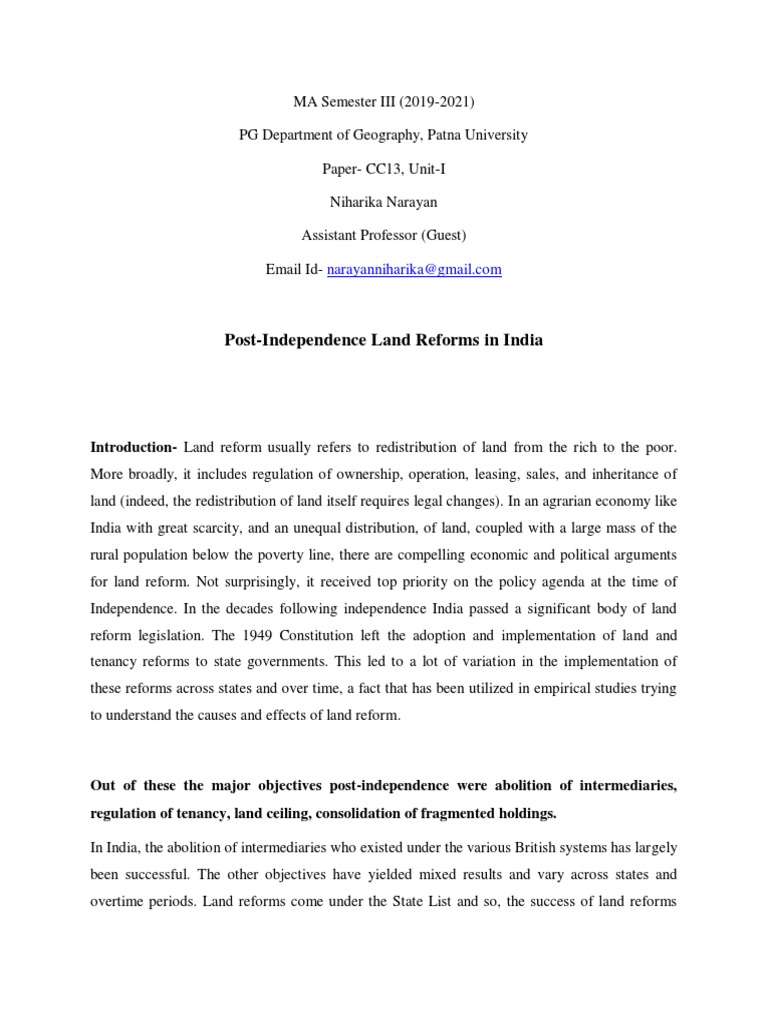 Post-Independence Land Reforms in India | PDF | Leasehold Estate | Land ...