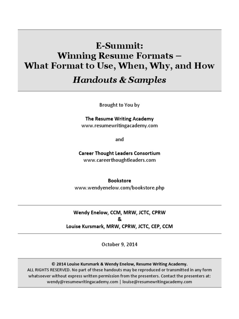Winning Resume Formats - Handout | PDF | Résumé | Sales