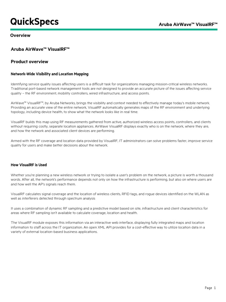 Quickspecs: Aruba Airwave™ Visualrf™ Aruba Airwave™ Visualrf™ Product ...