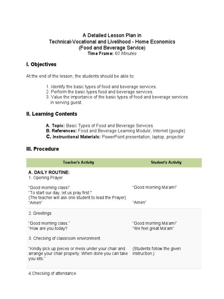 Food and Beverage Service Lesson Plan | PDF | Buffet | Restaurants
