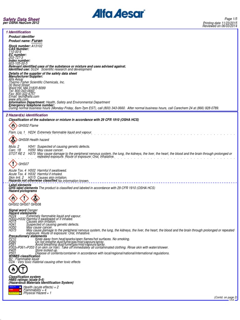 Furan: Safety Data Sheet | Download Free PDF | Toxicity | Dangerous Goods