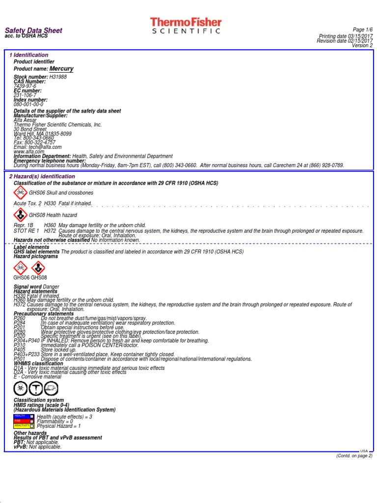 Mercury: Safety Data Sheet | Download Free PDF | Toxicity | Dangerous Goods