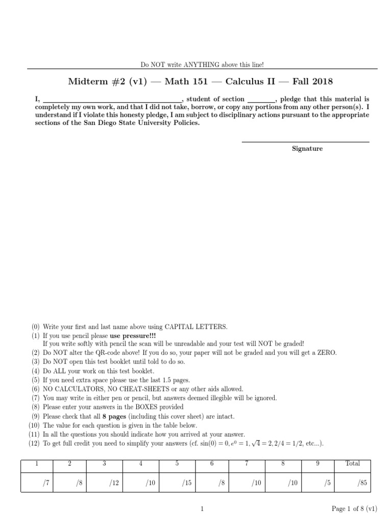 Midterm #2 (v1) - Math 151 - Calculus II - Fall 2018 | PDF | Dialysis ...
