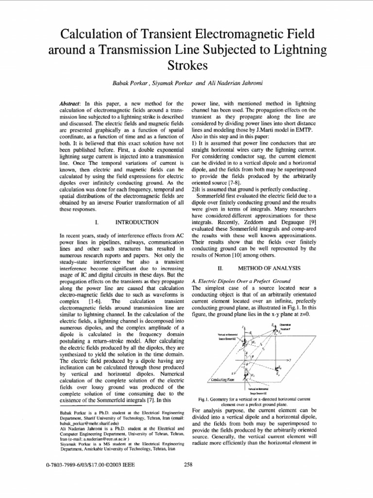 Calculation of Transient Electromagnetic Fields Around a Transmission Line Subjected to ...