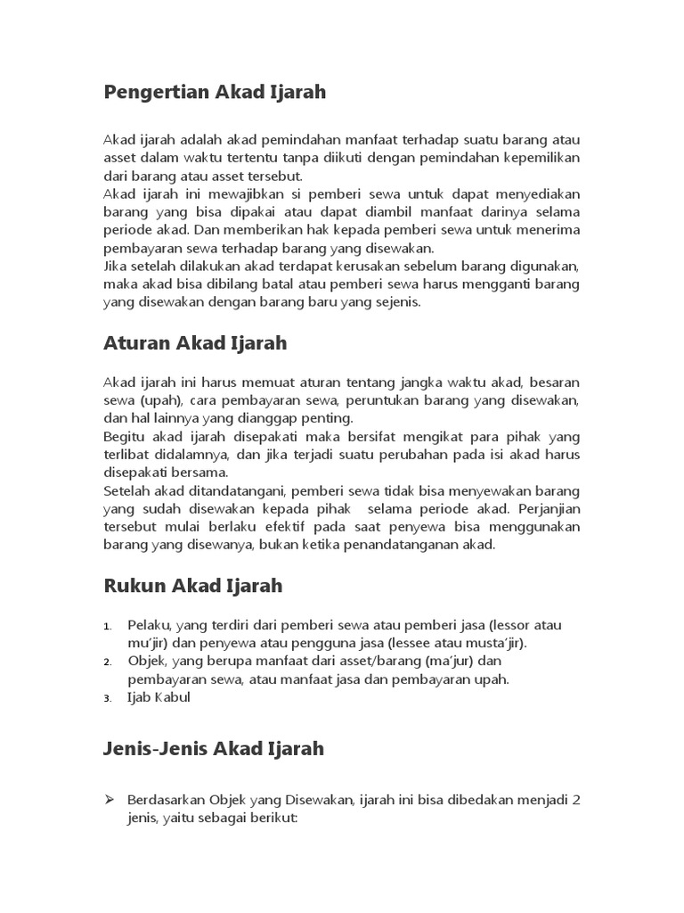 Pengertian dan Jenis Akad Ijarah | PDF | Pengelolaan Keuangan & Uang ...