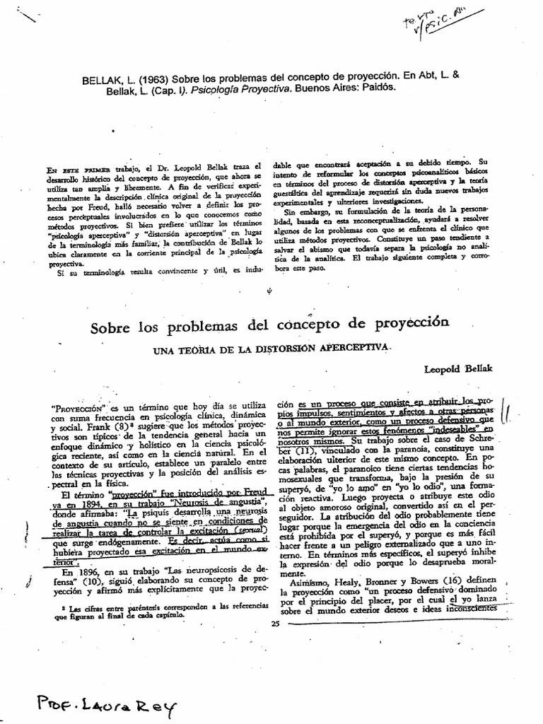 Bellak, Sobre Los Problemas Del Concepto de Proyeccion. Capítulo 1 | PDF