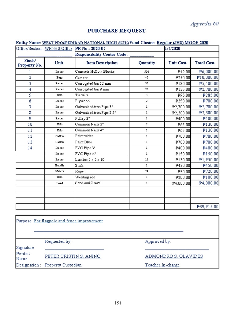 Purchase Request: Appendix 60 | PDF | Building Engineering | Building Materials