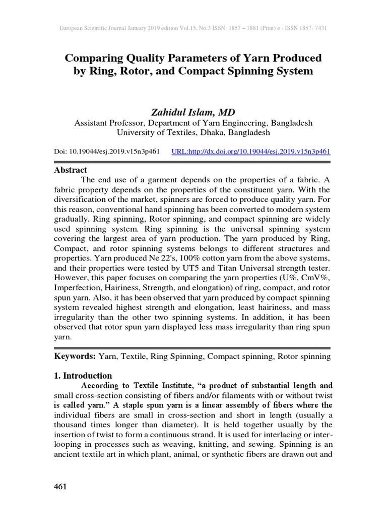 Comparing Quality Parameters of Yarn Produced by Ring, Rotor, and ...