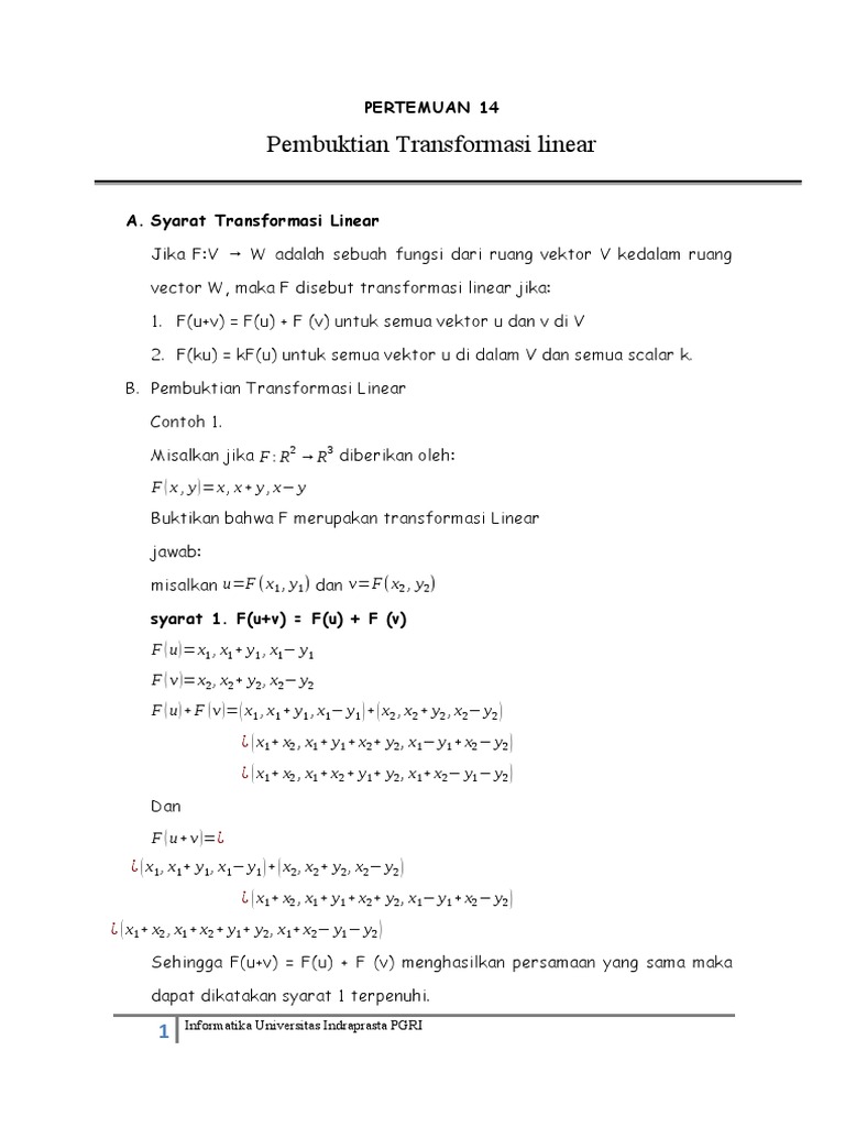 Pembuktian Transformasi Linear: Pertemuan 14 | PDF