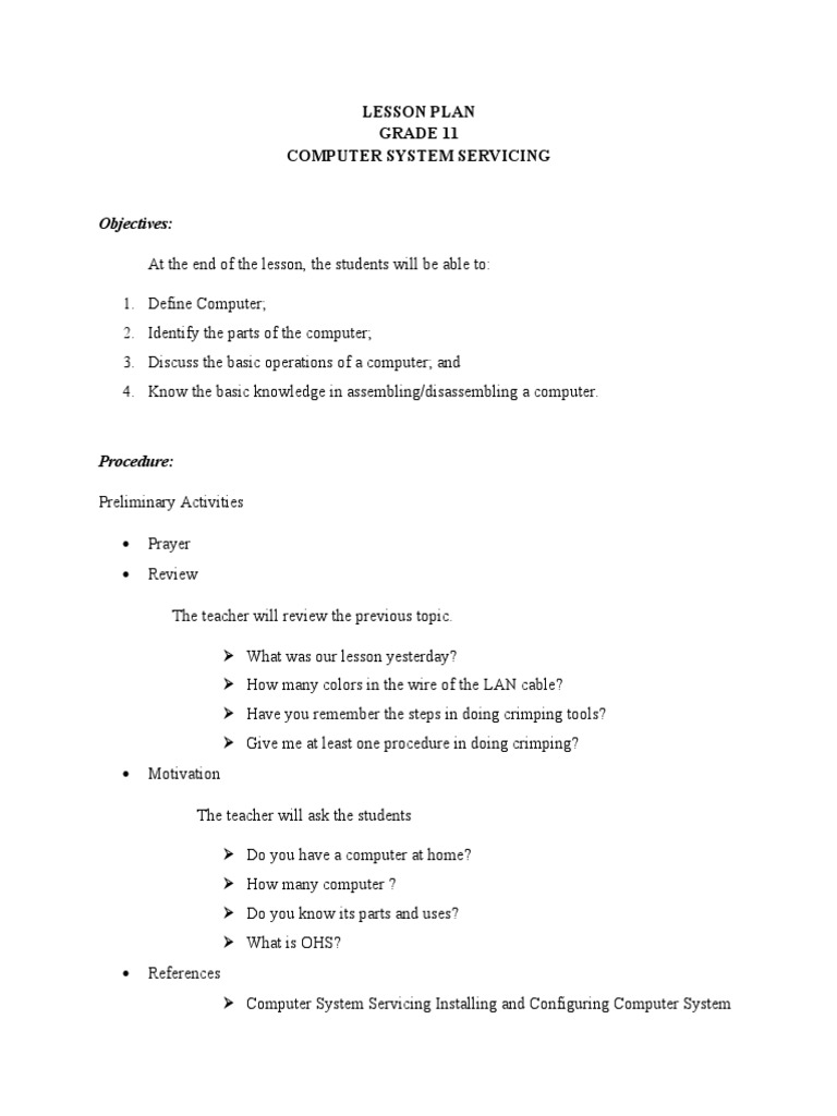 Objectives:: Lesson Plan Grade 11 Computer System Servicing | PDF ...