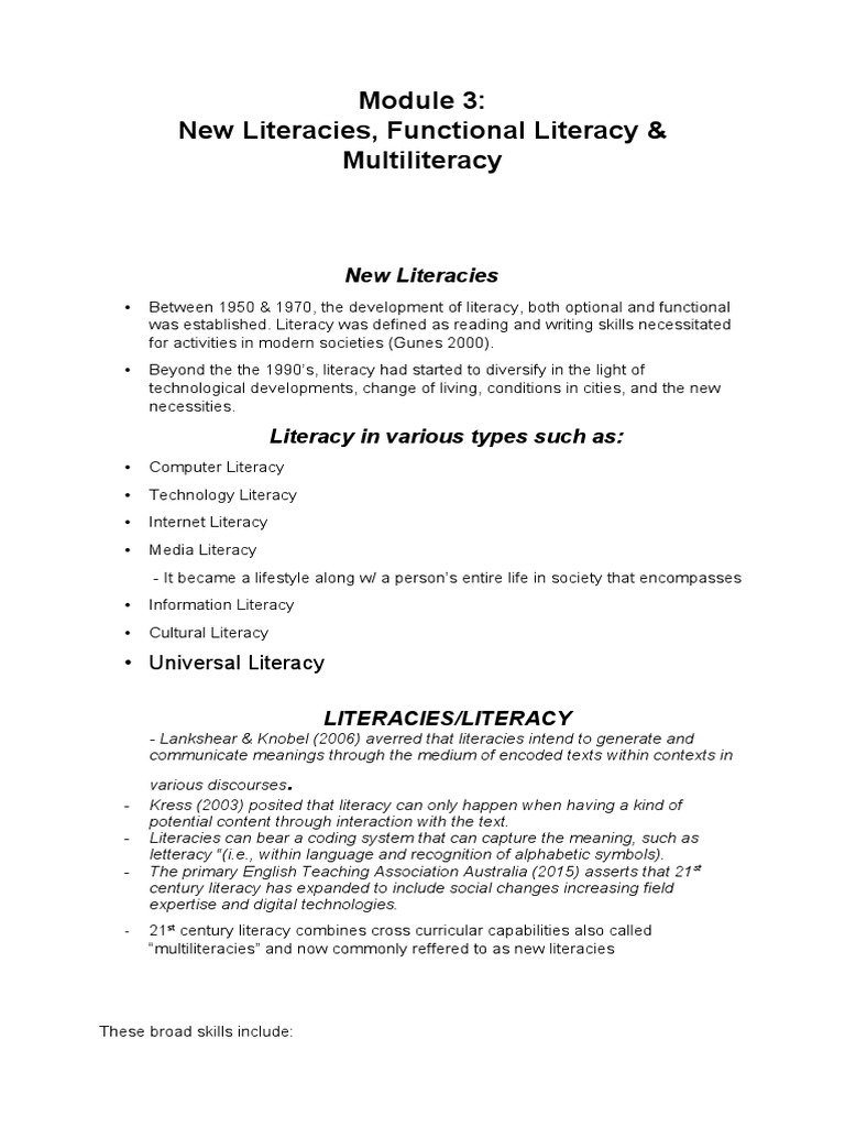 New Literacies, Functional Literacy & Multiliteracy | PDF | Literacy ...